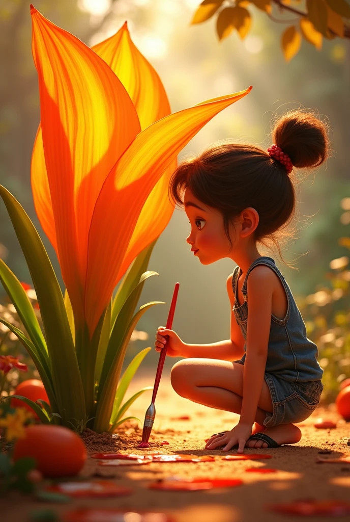 Create a Disney Pixar style medium shot of Lily kneeling down beside an ...