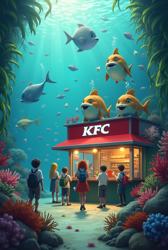 Make a picture of an underwater aquatic kfc with fish people and fish ...