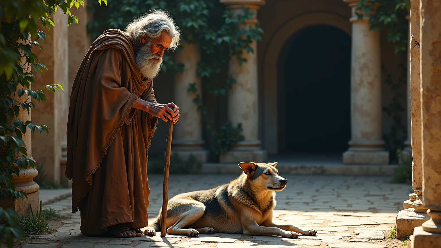 poignant, photorealistic image of Odysseus, old and weary, disguised as ...