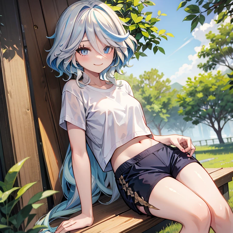 Solo, sitting under a shady tree, opened shirt with midriff, wearing ...