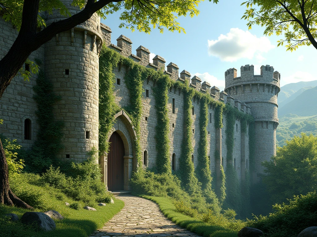A pictorial texture of a gray medieval castle wall, covered with vines ...