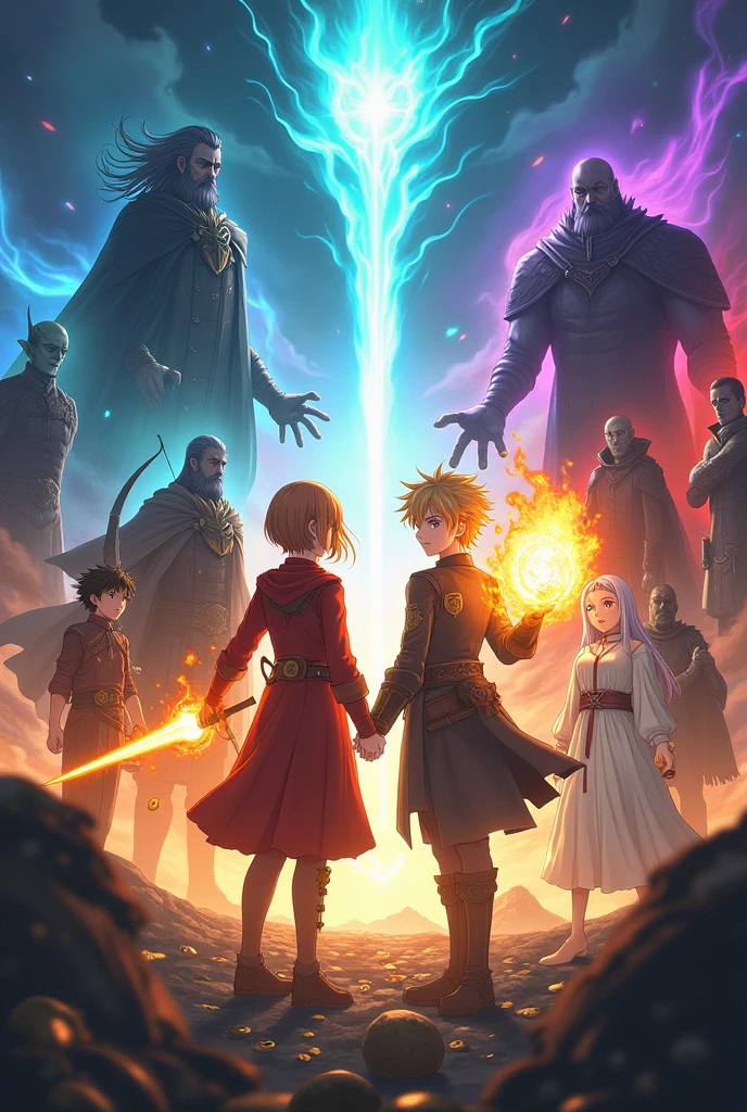 "An epic anime-style illustration featuring multiple fantasy characters ...