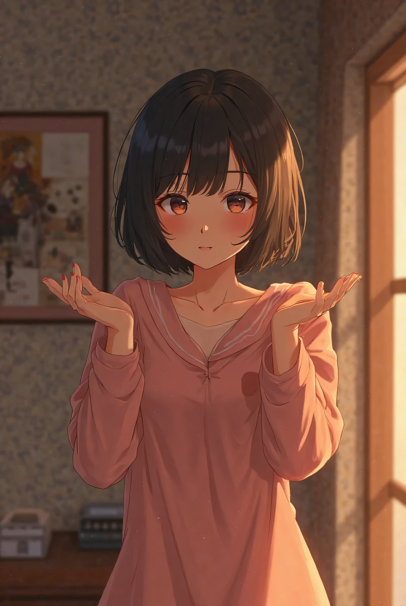 Anime girl with black hair and pink shirt making a gesture - SeaArt AI