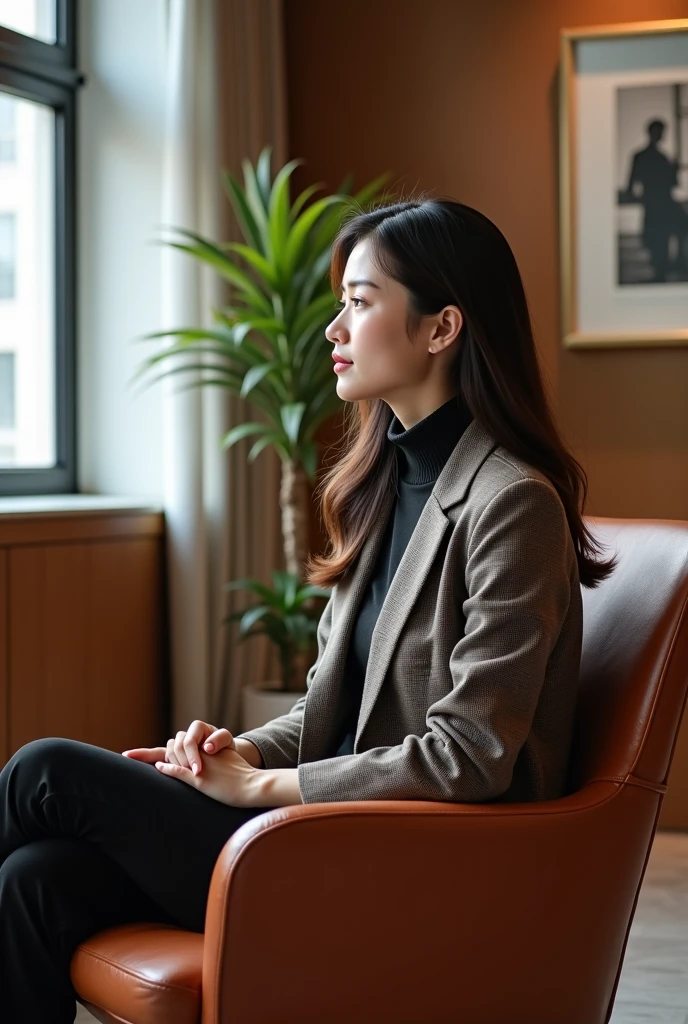There is a woman sitting on a chair in a room, wenfei ye, louise zhang ...