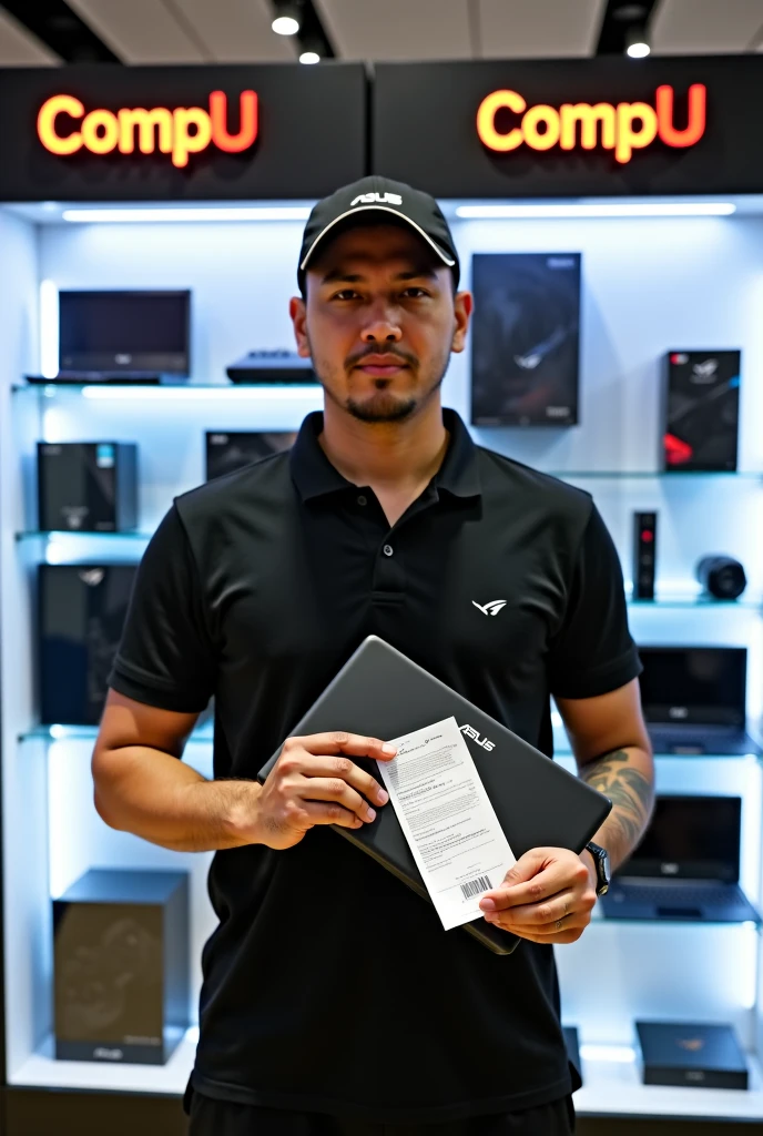 A person holds a receipt and is standing in an electronics store - SeaArt AI