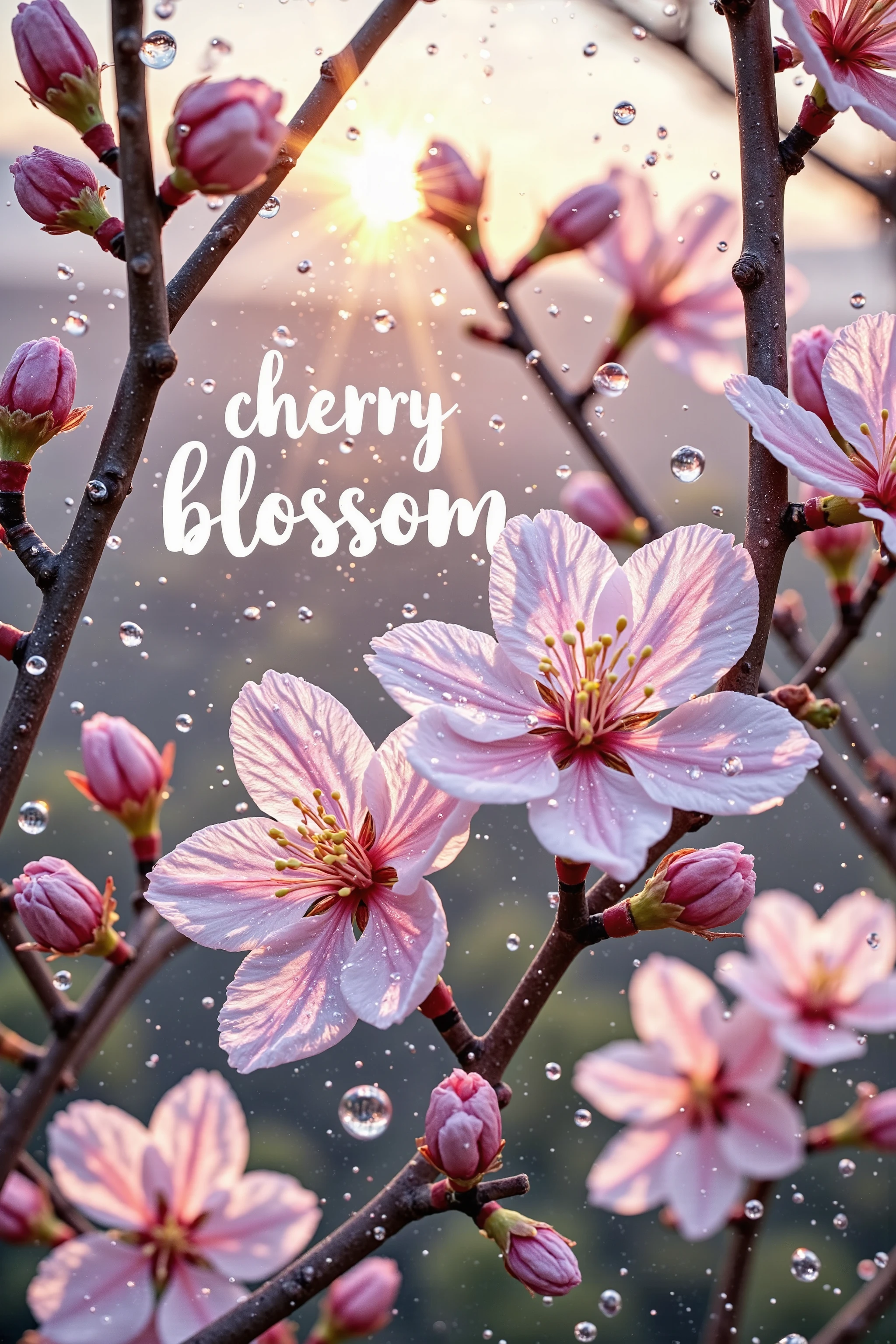 A macro art of blooming and glowing sakura as spring greeting postcard ...