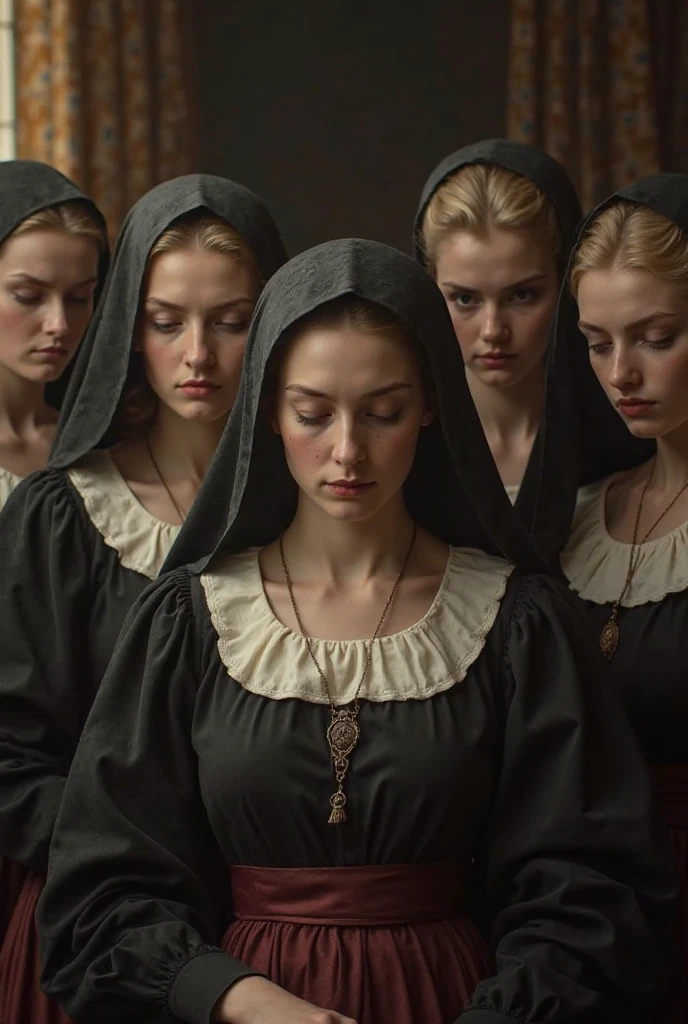 5 medieval maids dressed as servants, lowered eyes staring at the floor ...