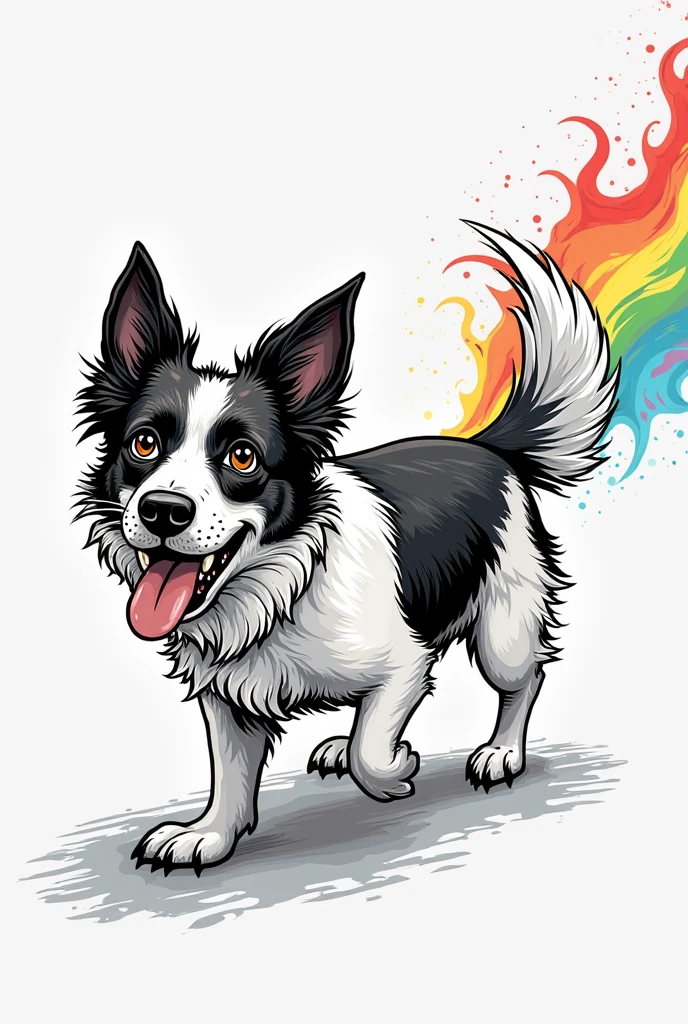 A black and white, comic-style photo of a cheerful dog with a special ...