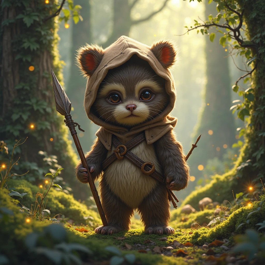 A highly detailed, photorealistic image of an Ewok standing in the lush ...