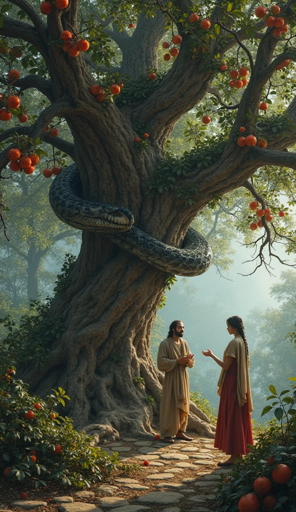 An imposing tree with bright red fruits in the center of the Garden of ...