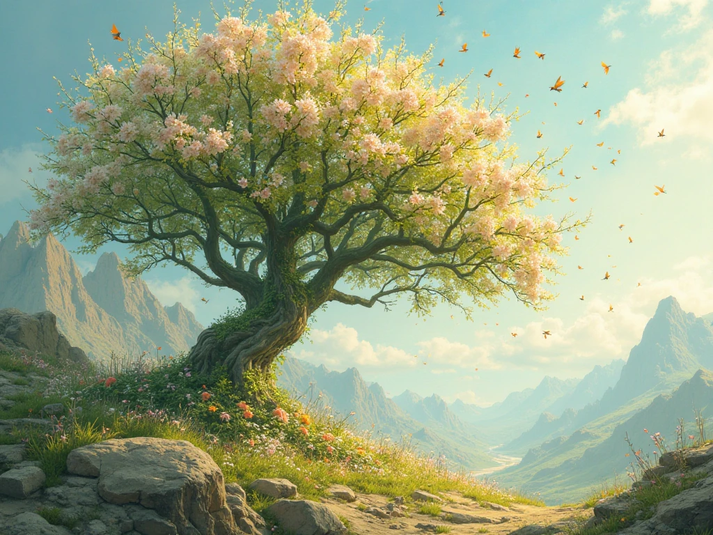 A tree blossoming in a once desolate landscape, symbolizing the hope ...