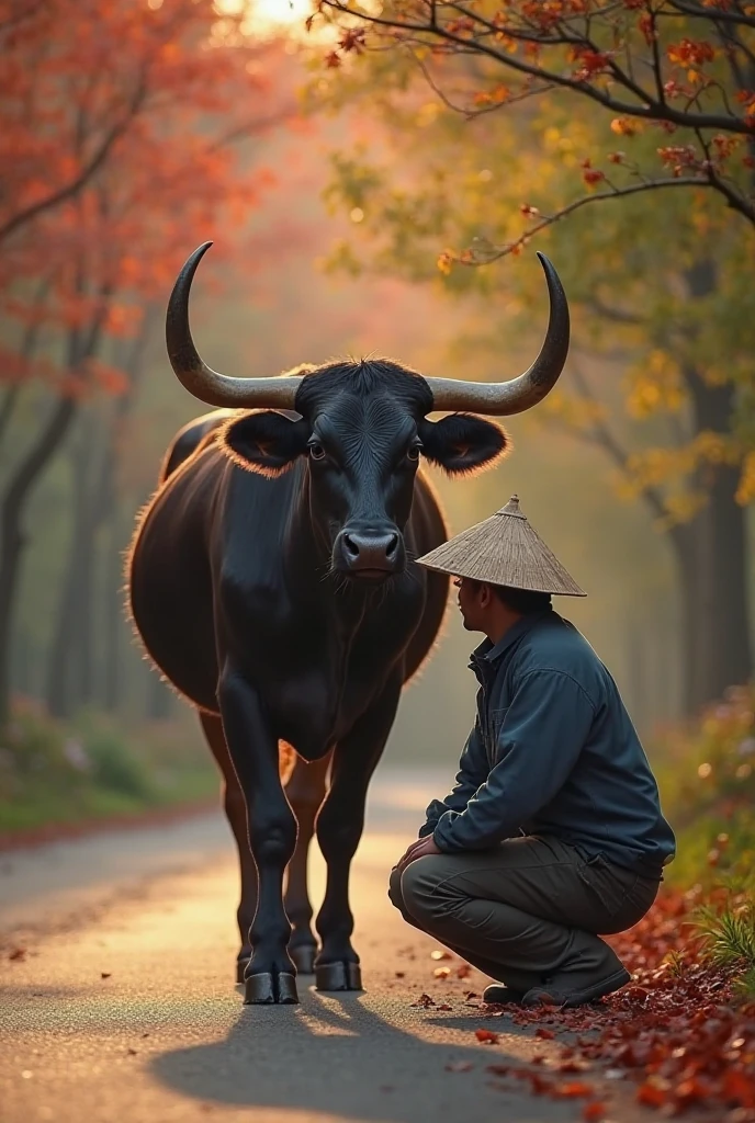 There is a cow that is walking down the street with a hat on - SeaArt AI