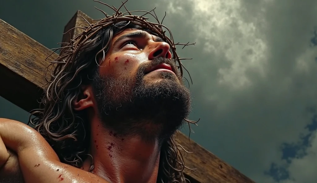 A hyper-realistic close-up of Jesus Christ on the cross, his face ...
