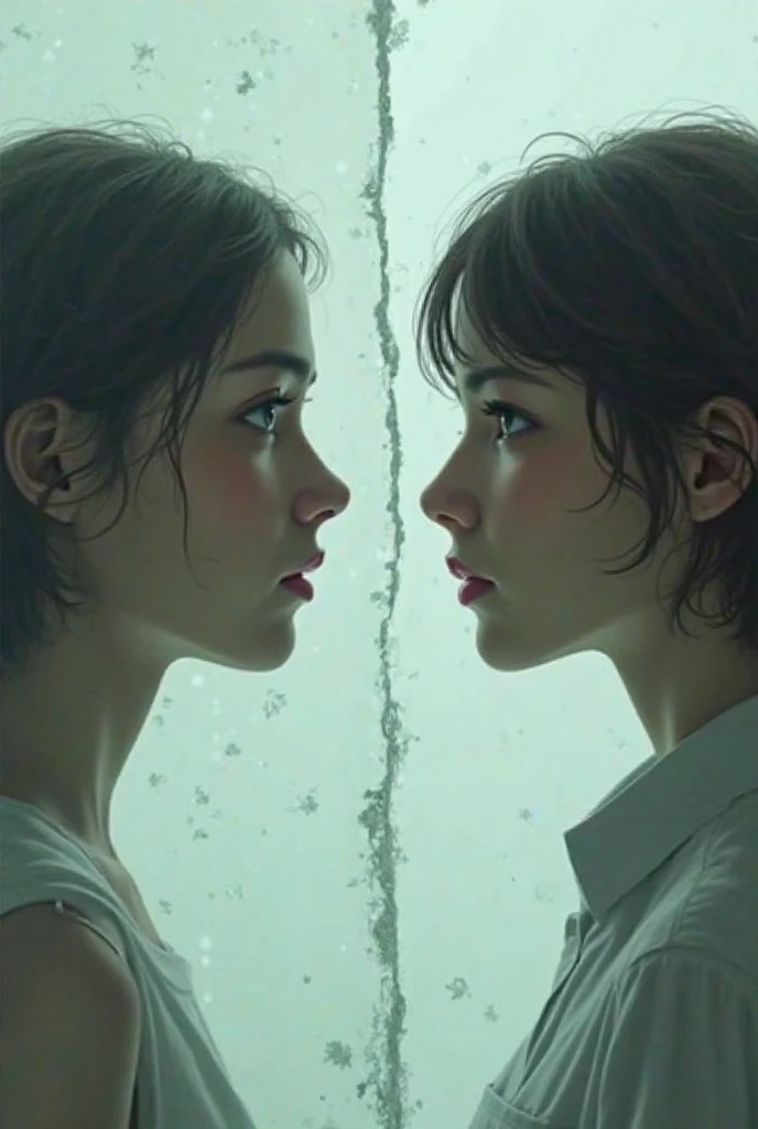 Two people separated by a thin transparent barrier, like glass or light ...