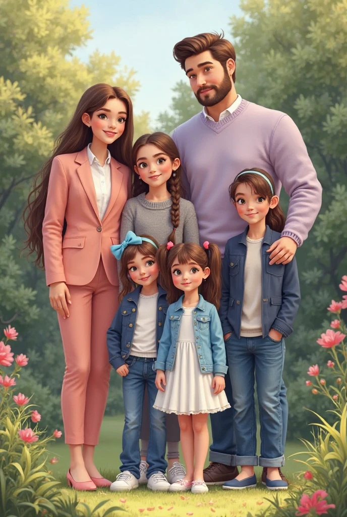 Create an image of a family of 7 in a garden. Mom is young, has a nice ...