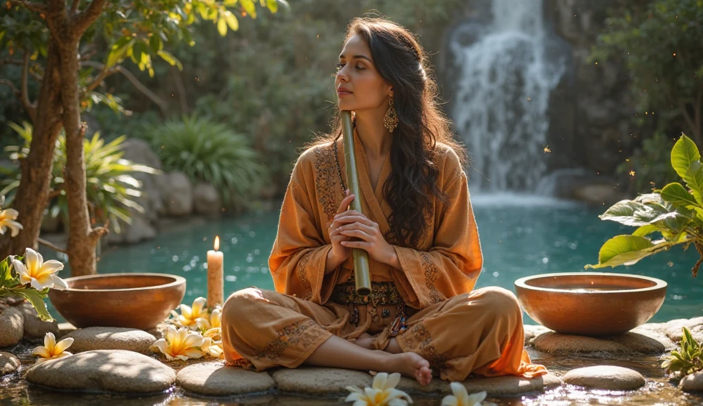 "a young lady, , wears a traditional robe of earthy tones with details ...