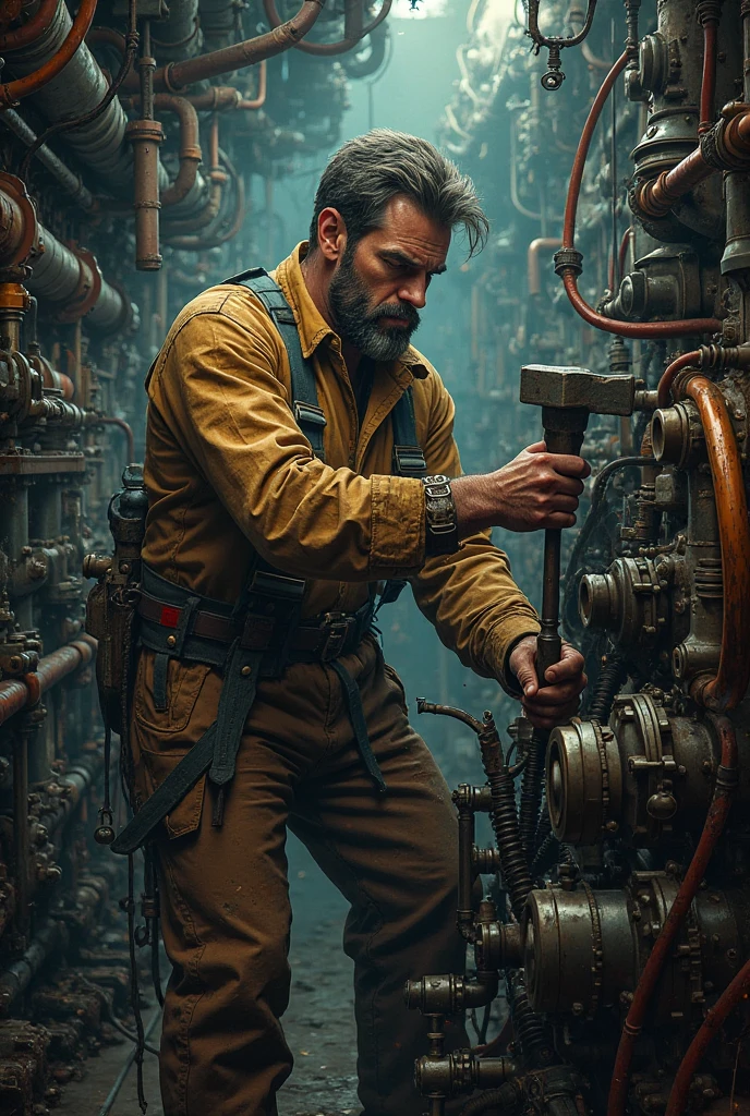 Generate image of the mechanic working on the ship engine using a ...