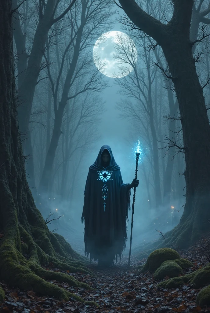 A mystical and dark scene from dark fantasy, with a solitary wizard ...