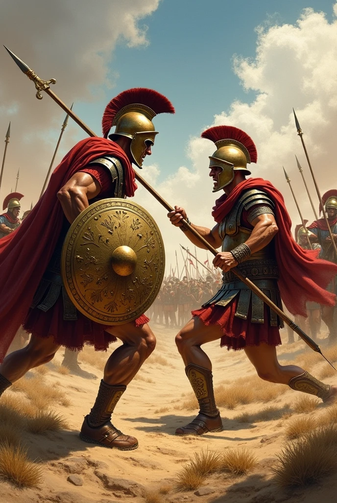 A Greek hoplite warrior, fighting a Roman Hastati soldier. - SeaArt AI