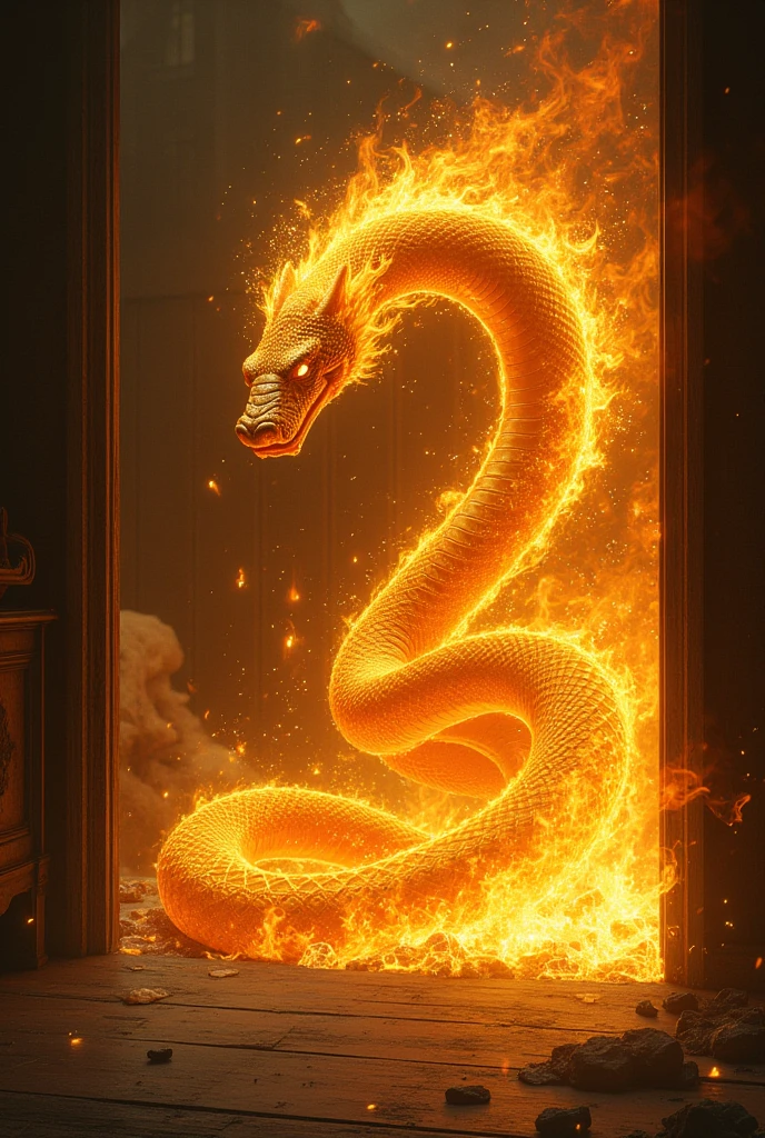 Golden snake on fire attacking leaving the room - SeaArt AI