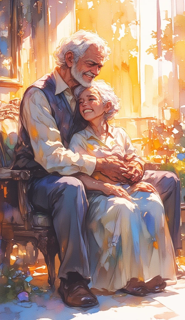 Watercolor painting of a kneeling man crying in the embrace of a very ...