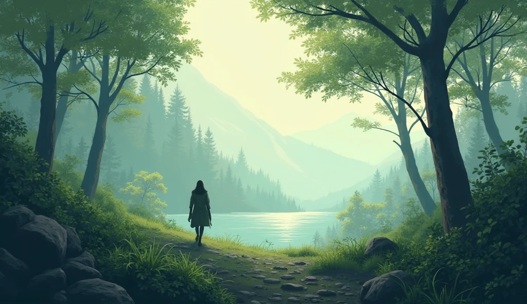 Image of a person walking in the middle of nature from afar. - SeaArt AI