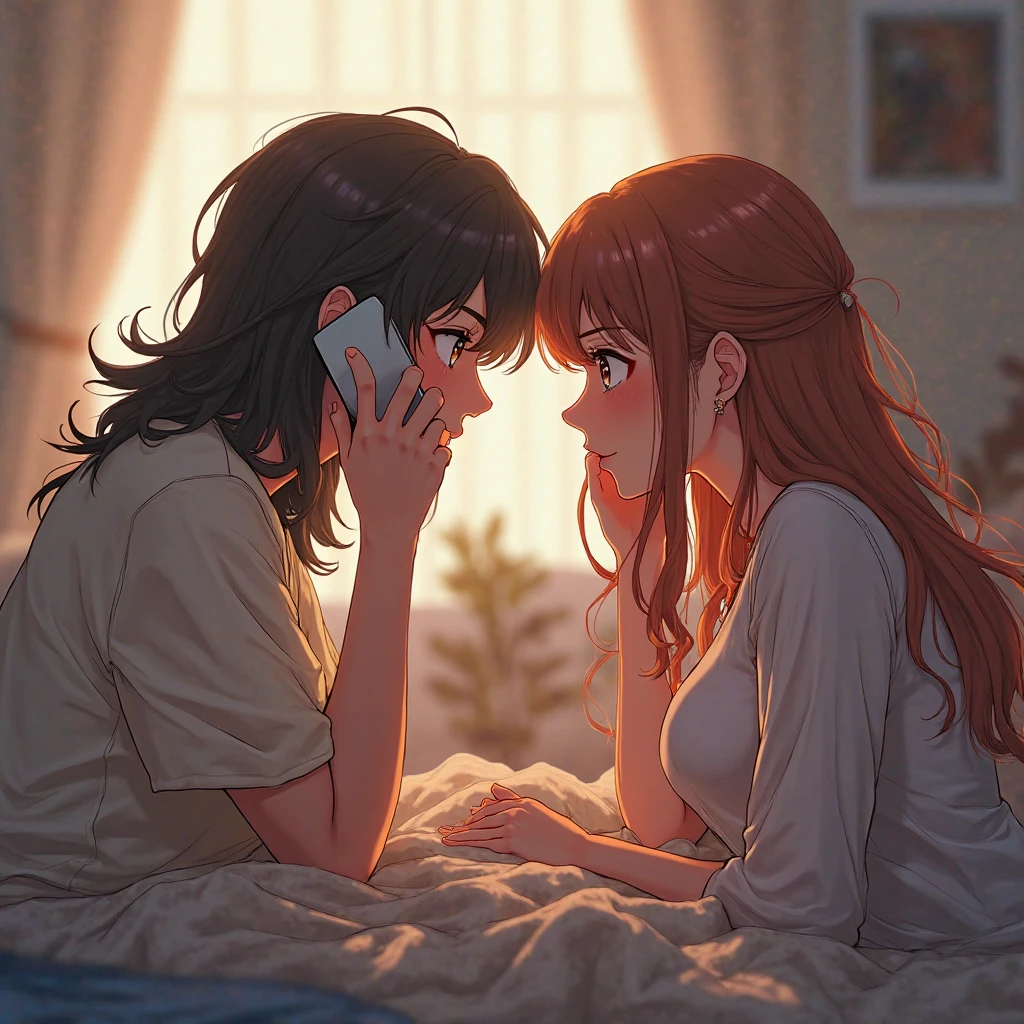 Couple talking on the phone 、anime、masterpiece - SeaArt AI
