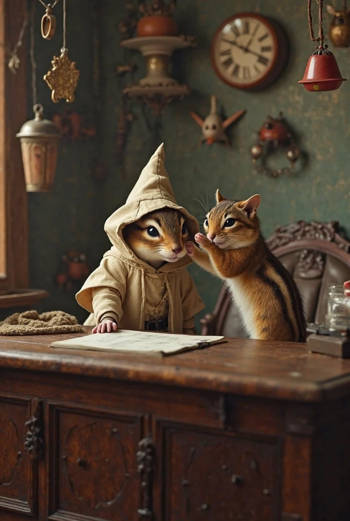 Wide shot. A room that has an old oak office desk in the middle of the ...