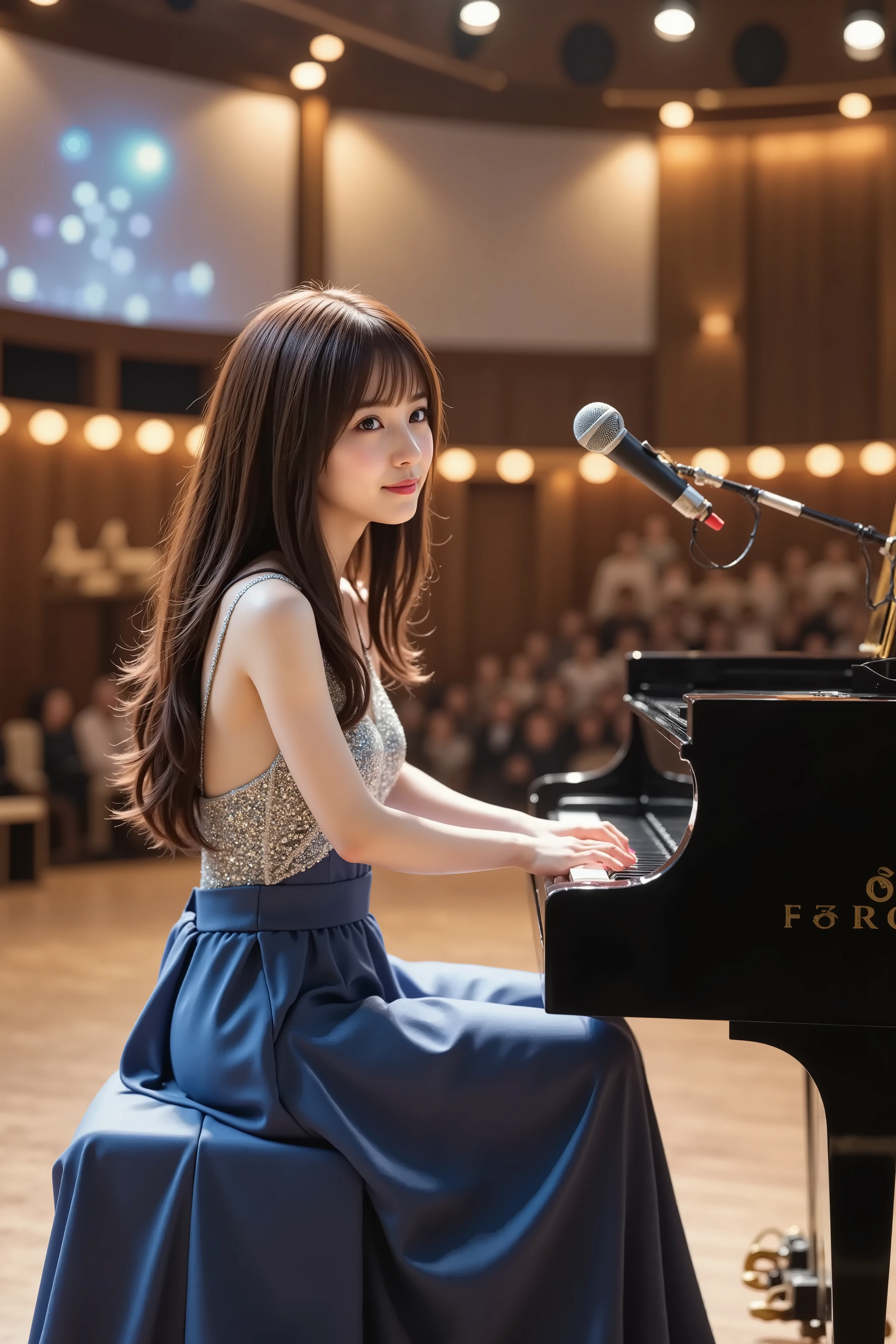 Woman in blue dress playing piano in front of microphone in concert ...