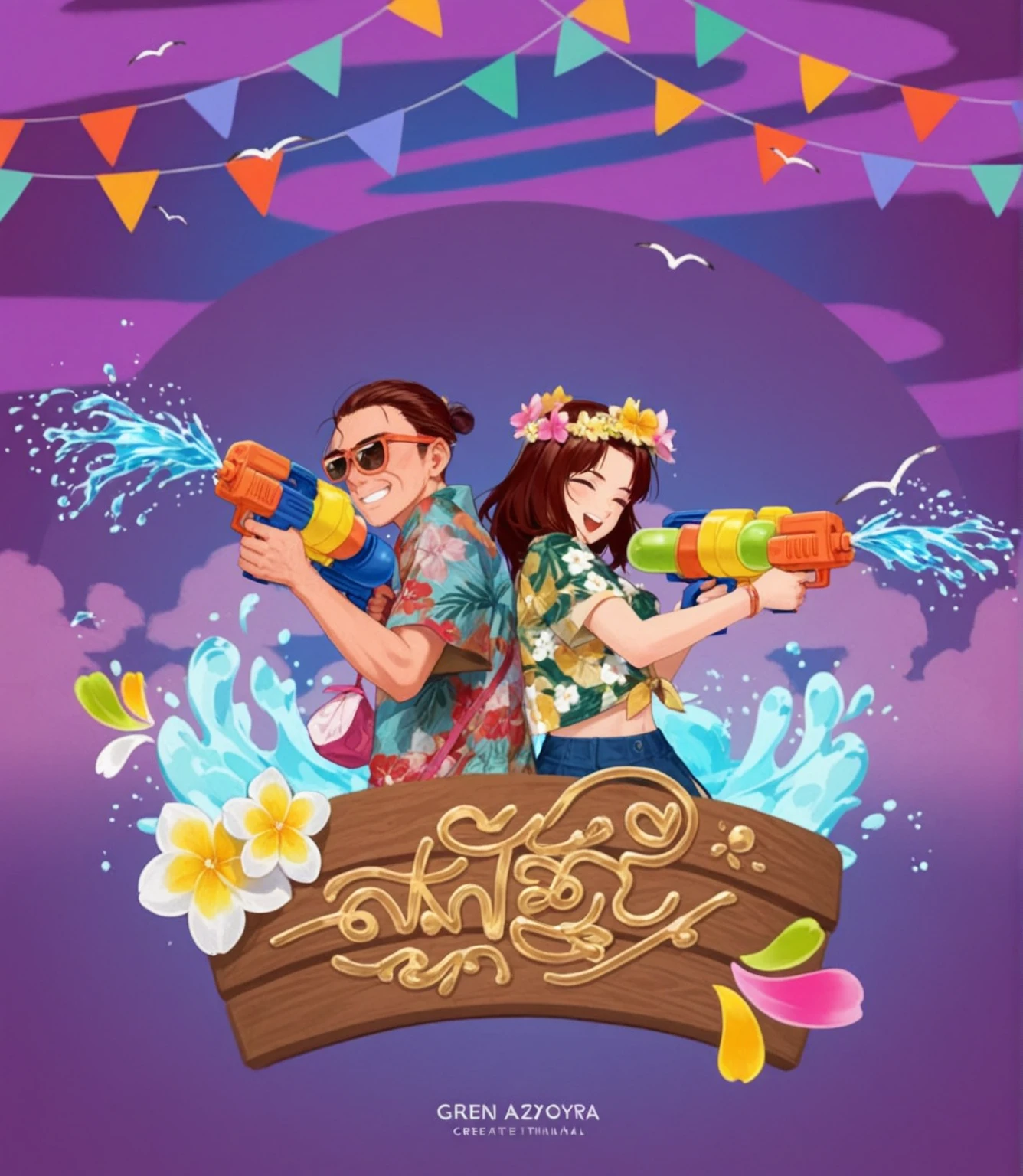 "Create an illustration of a festive Songkran scene featuring a 20 ...