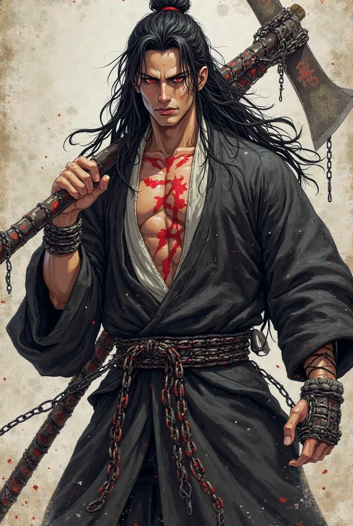 Kimono samurai in kimetau in black Yaiba, with open chest and a large ...