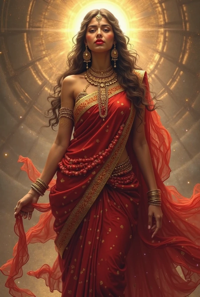 Indian smiling and beautiful goddess wearing full saree of dark red ...
