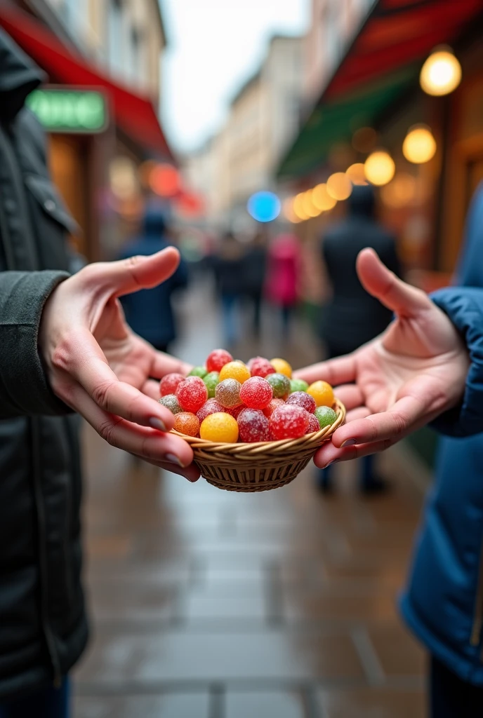 Ren open their hands and try to buy candy. the guy has a candy bowl in ...