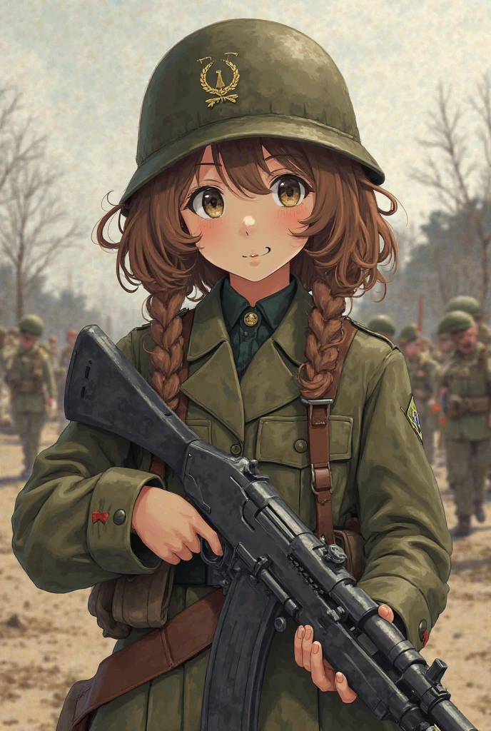 A brown curly haired anime girl wearing a 1945's soviet uniform - SeaArt AI