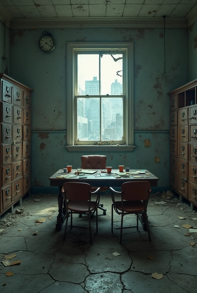 "A dimly lit, abandoned office room with a worn-out wooden table at the ...