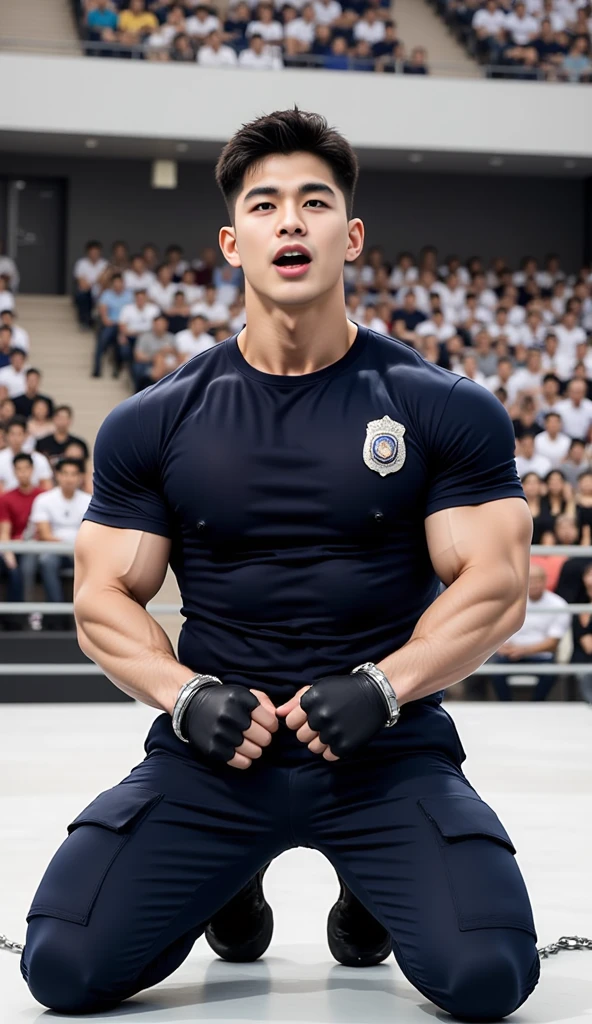 A handsome Korean man kneeling wearing a navy blue short-sleeved round ...