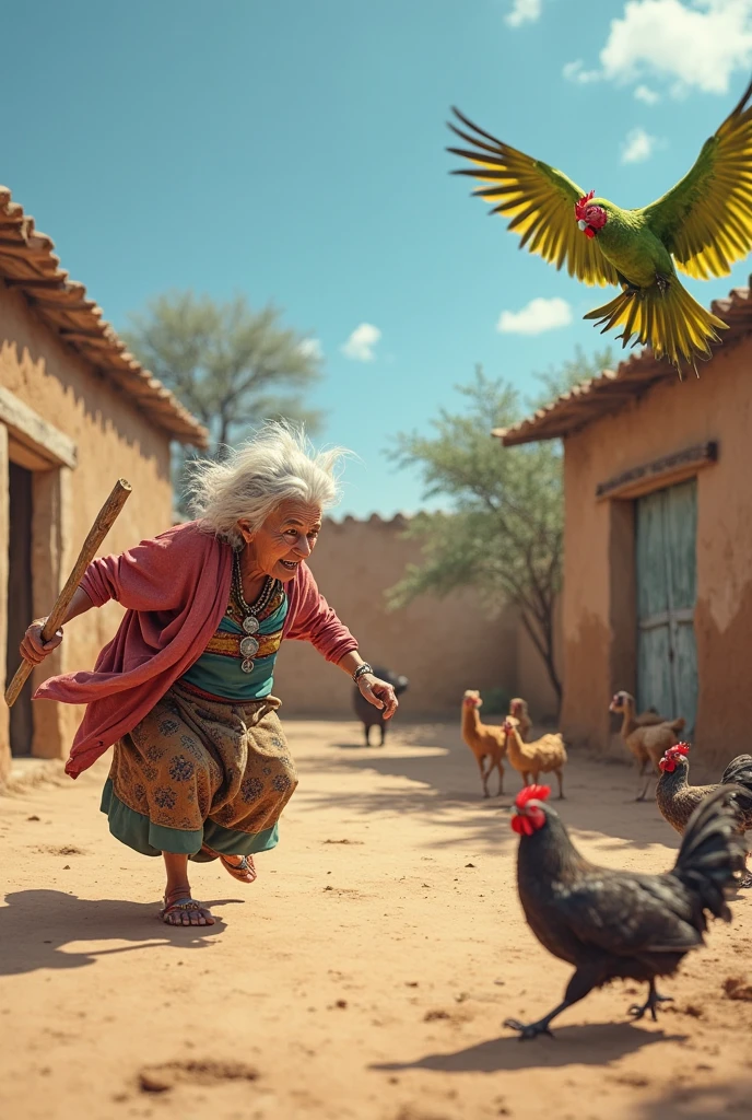 An open courtyard with a mud house in the background. The angry Grandma ...