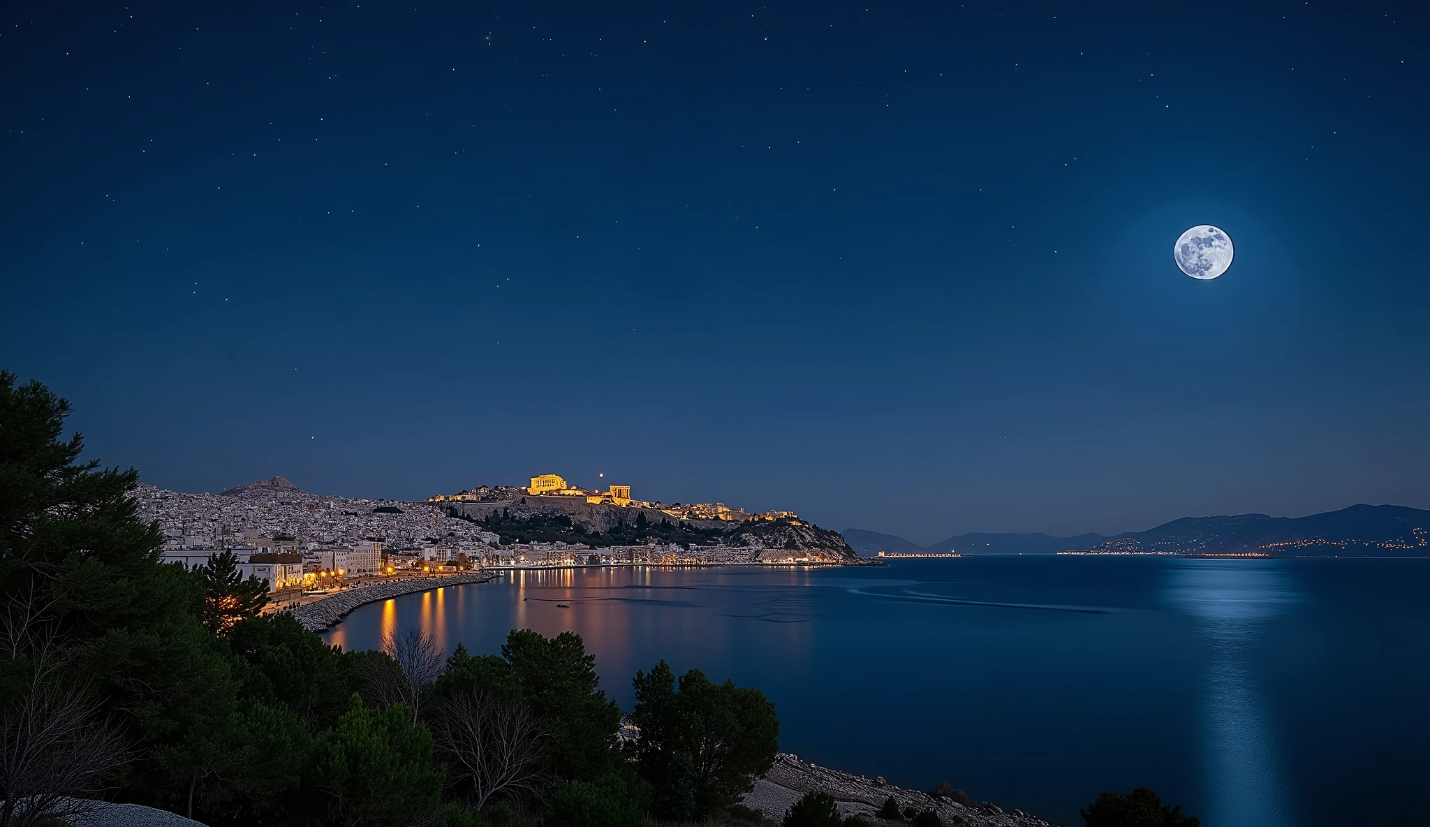 Night time view of a city and a full moon over the water - SeaArt AI