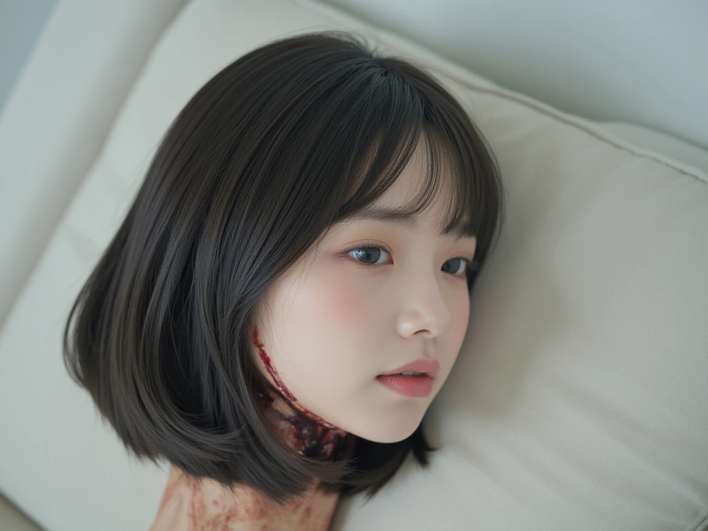 A very cute Japanese very young girl's decapitated dying head lying on ...