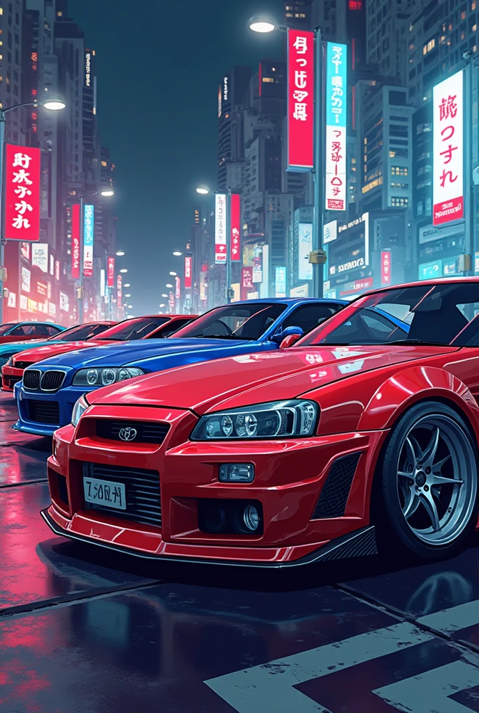 A collection of sleek Japanese cars in a modern digital illustration ...