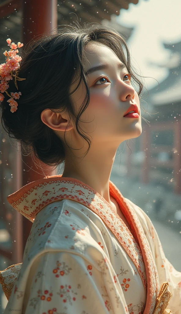 A young beautiful woman from the Edo period holding her fingertips up in the sky - SeaArt AI