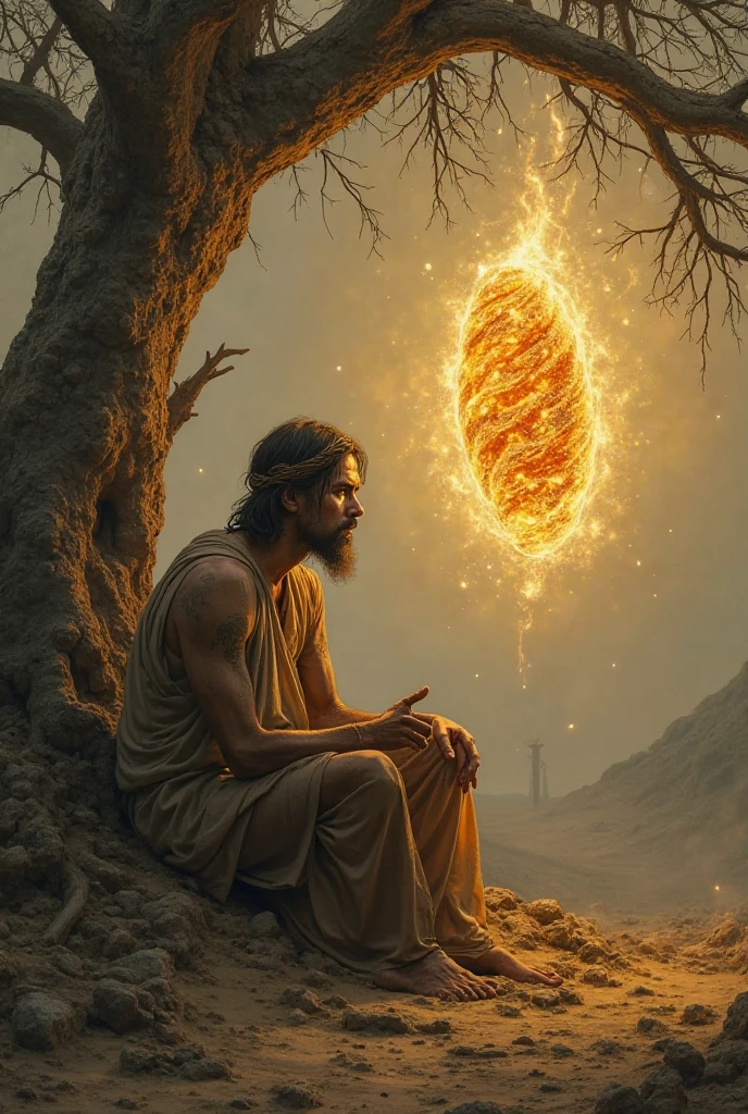 Starving poor man sitting under a tree in a dry, empty landscape ...