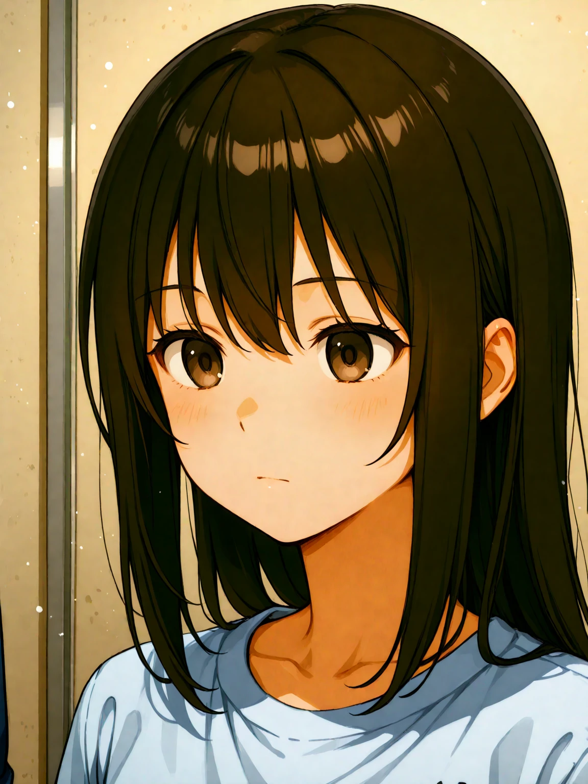 Mako, bassist in a rock band (straight hair down to ears) ((eyes half ...
