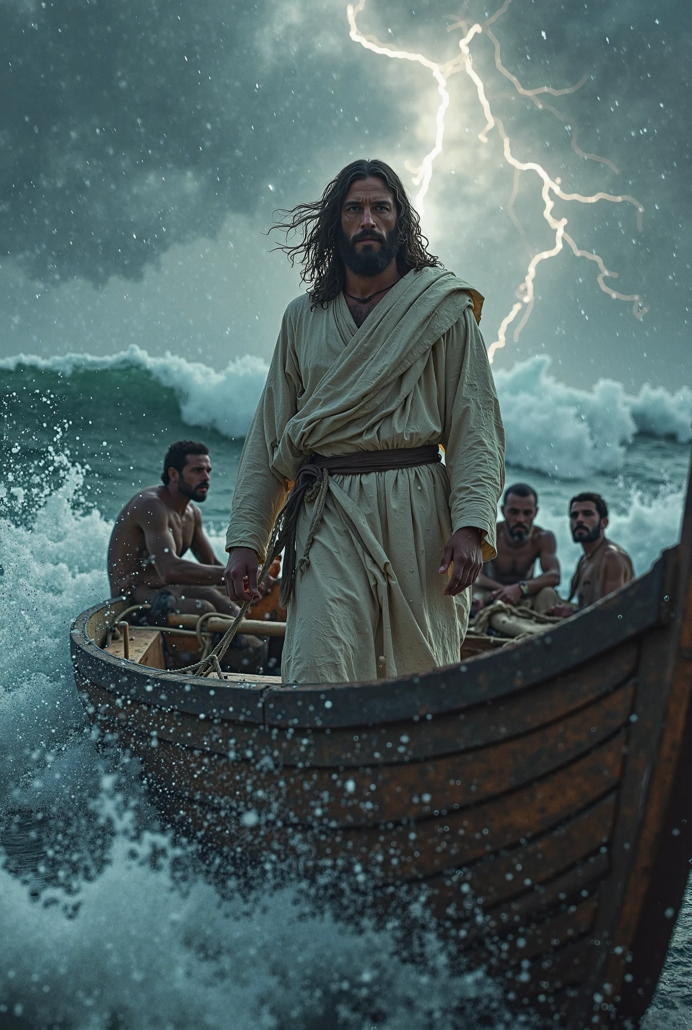 Jesus walking on a boat in the ocean with a lightning bolt in the ...