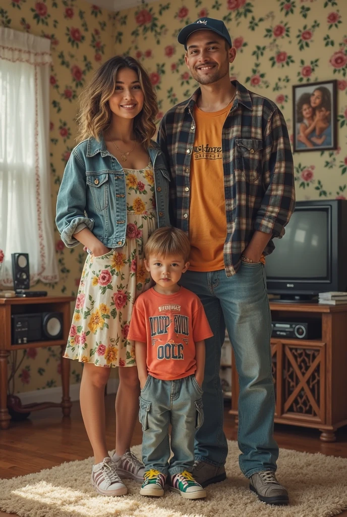 A mother dressed in the style of the 90s, father and ren - SeaArt AI