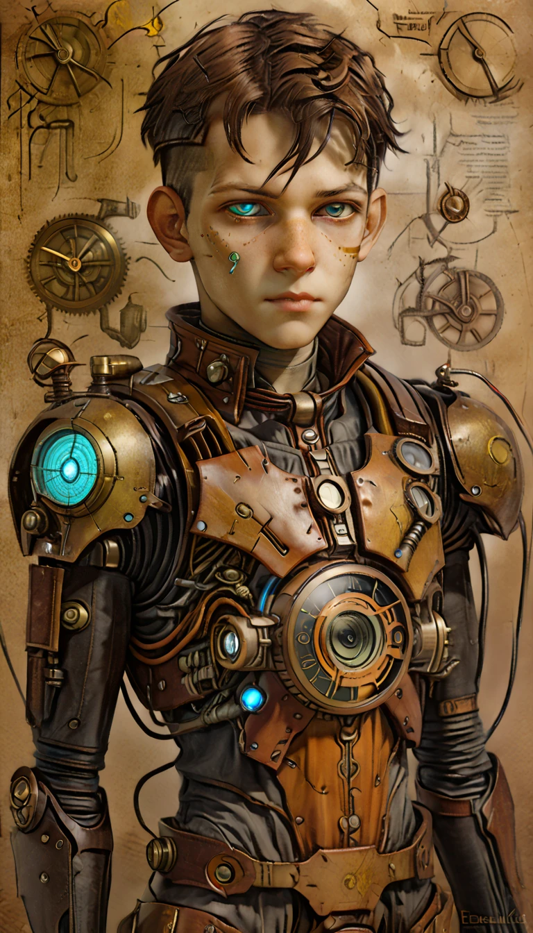 There is a boy cyborg with real mechanical skin that has the appearance ...