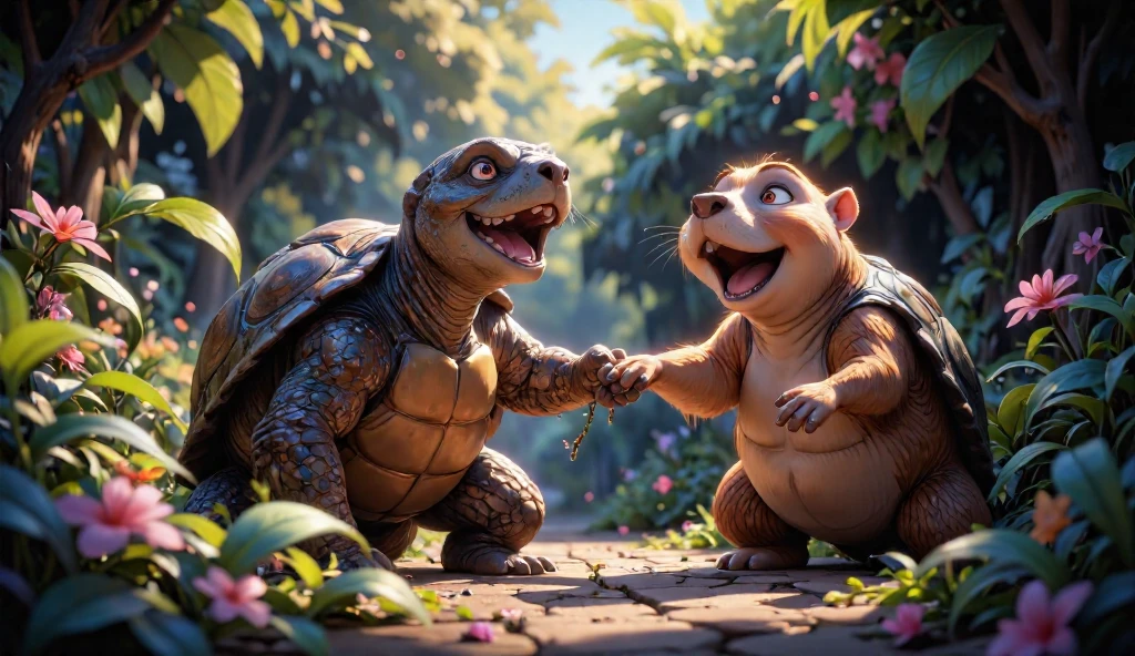 The turtle pulling on cabybara's leg trying to get him out of the bush - SeaArt AI