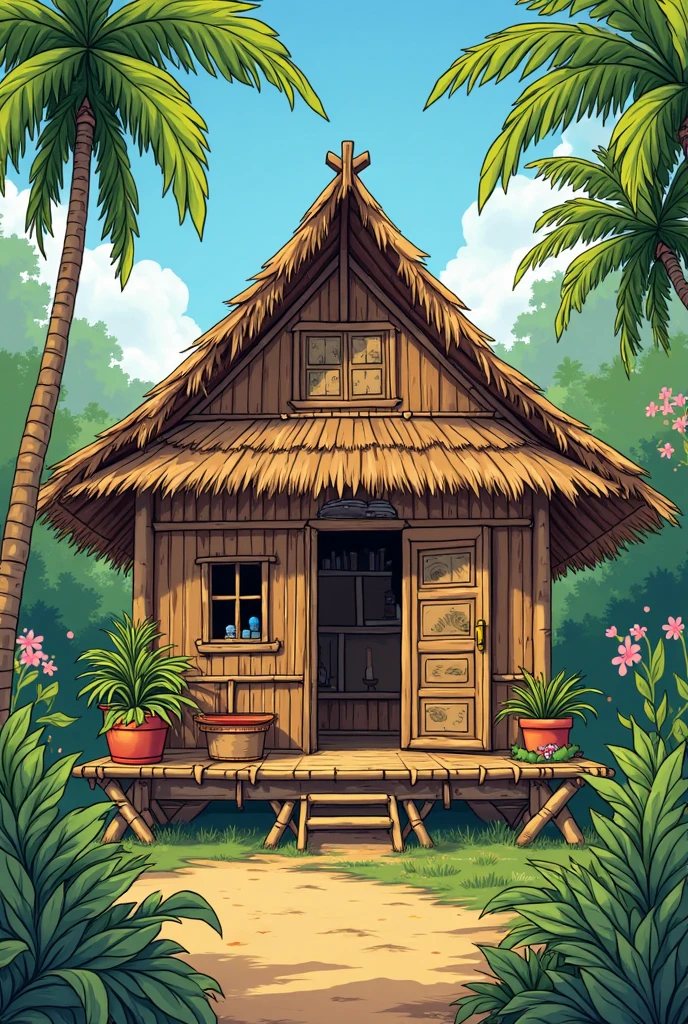Generate a image of bahay kubo, make it qcomic image and full color ...