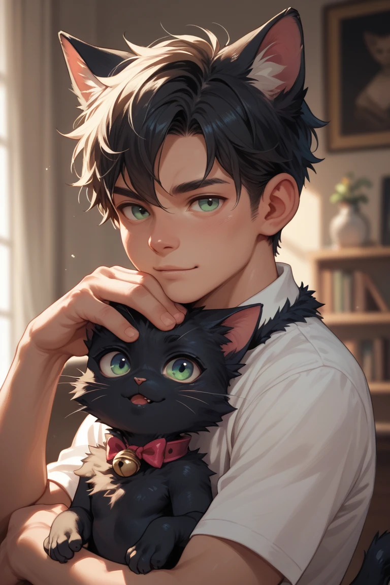 ((Anthropomorphic black cat)), male, fluff around neck, body covered in ...