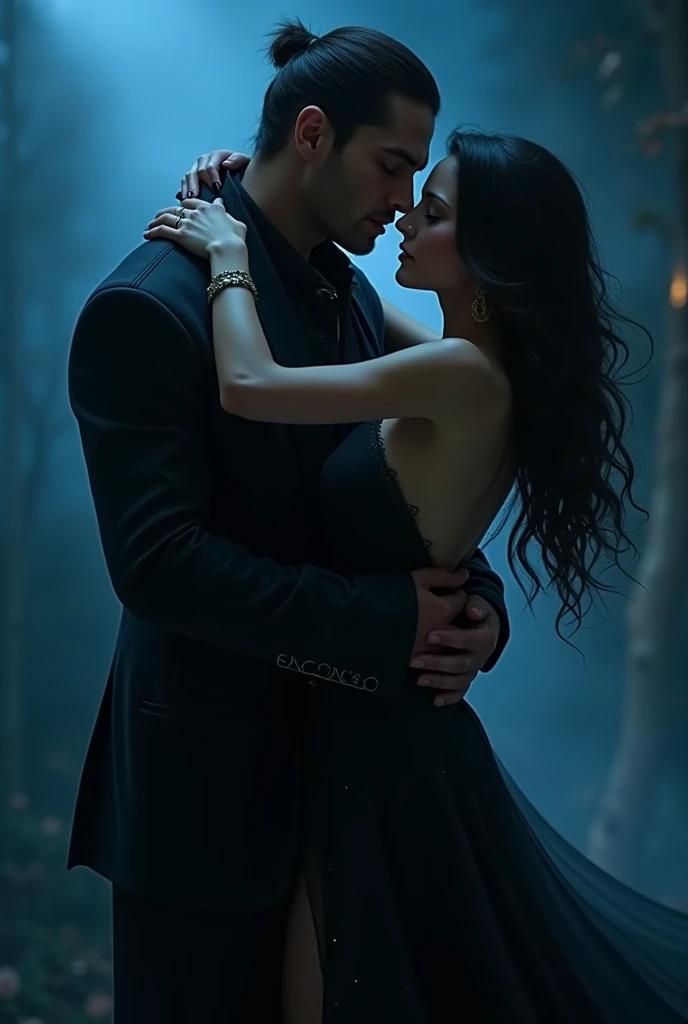 make image a dangerous assassin man and a elegant woman. Hugging each ...
